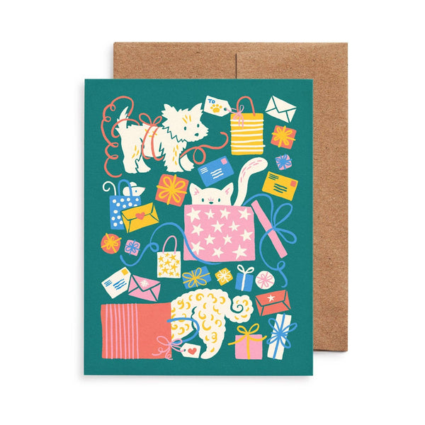 Merry Pets Christmas Presents Card: Original Dog & Cat Art - Paper Herald